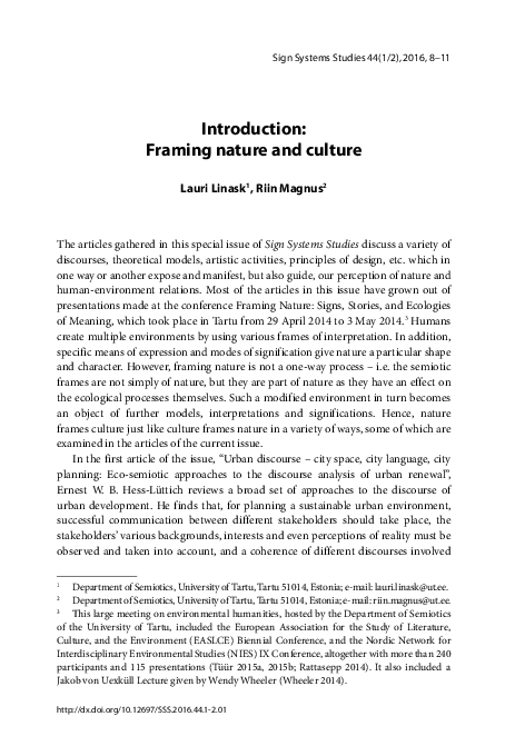 (PDF) Introduction: Framing nature and culture