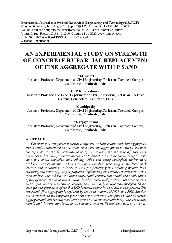 (PDF) AN EXPERIMENTAL STUDY ON STRENGTH OF CONCRETE PARTIAL REPLACEMENT BY OF FINE AGGREGATE ...
