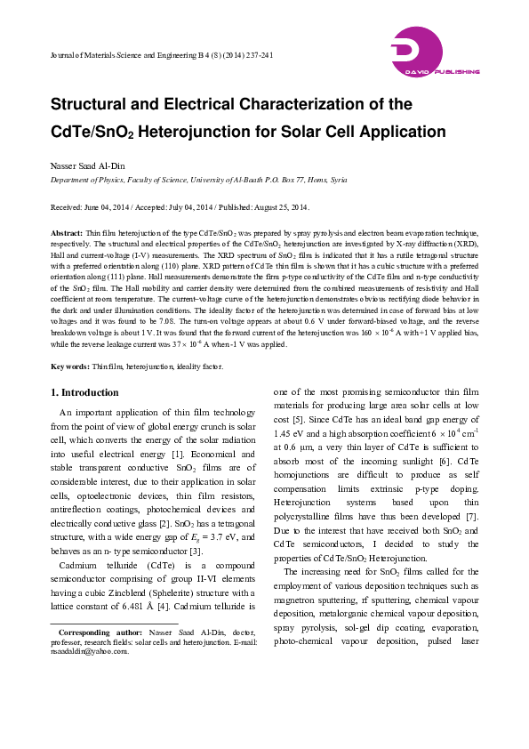 (PDF) Structural and Electrical Characterization of the CdTe/SnO 2 Heterojunction for Solar Cell ...