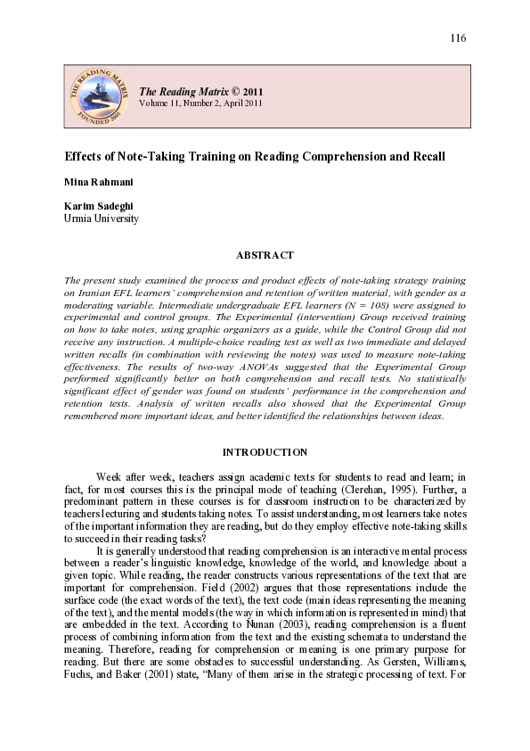 (PDF) Effects of note-taking training on reading comprehension and recall