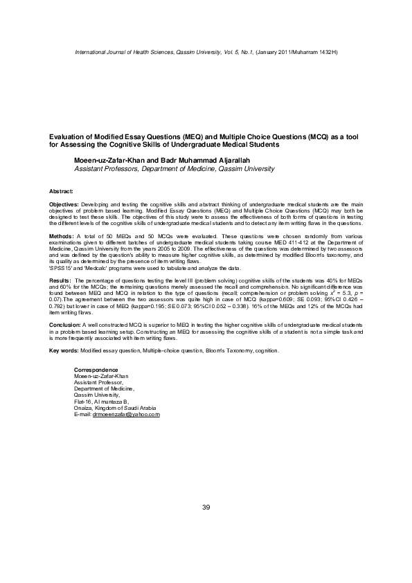 (PDF) Evaluation of Modified Essay Questions (MEQ) and Multiple Choice ...