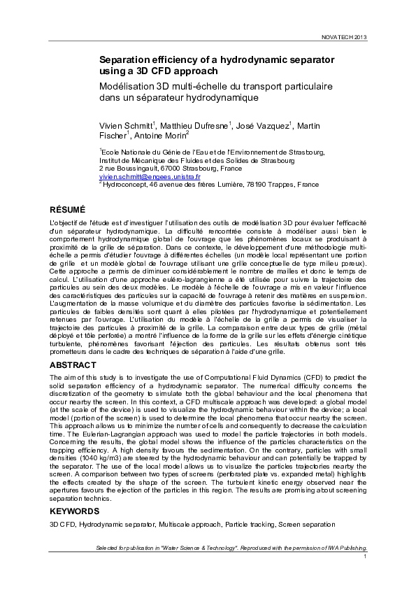 Pdf Separation Efficiency Of A Hydrodynamic Separator Using A 3d Computational Fluid Dynamics