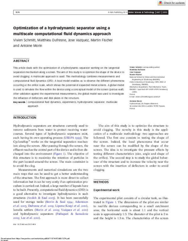 Pdf Optimization Of A Hydrodynamic Separator Using A Multiscale Computational Fluid Dynamics