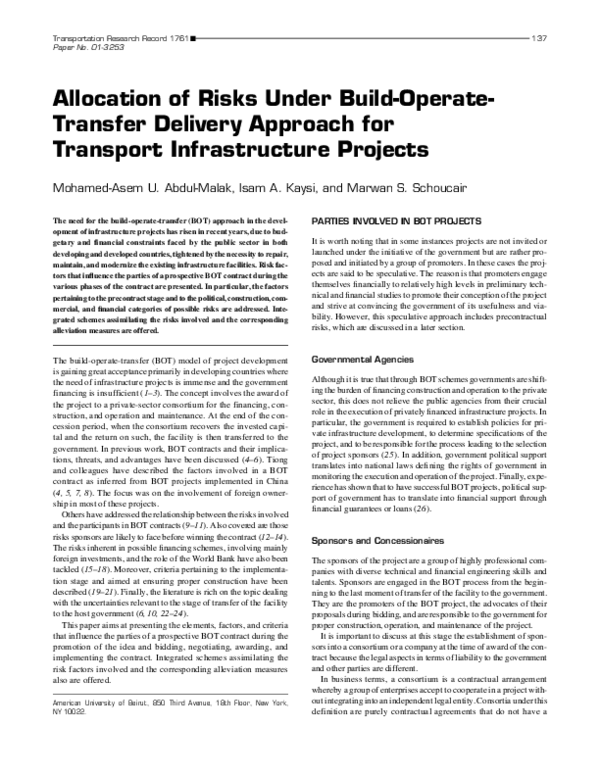 (PDF) Allocation of Risks Under Build-Operate-Transfer Delivery ...