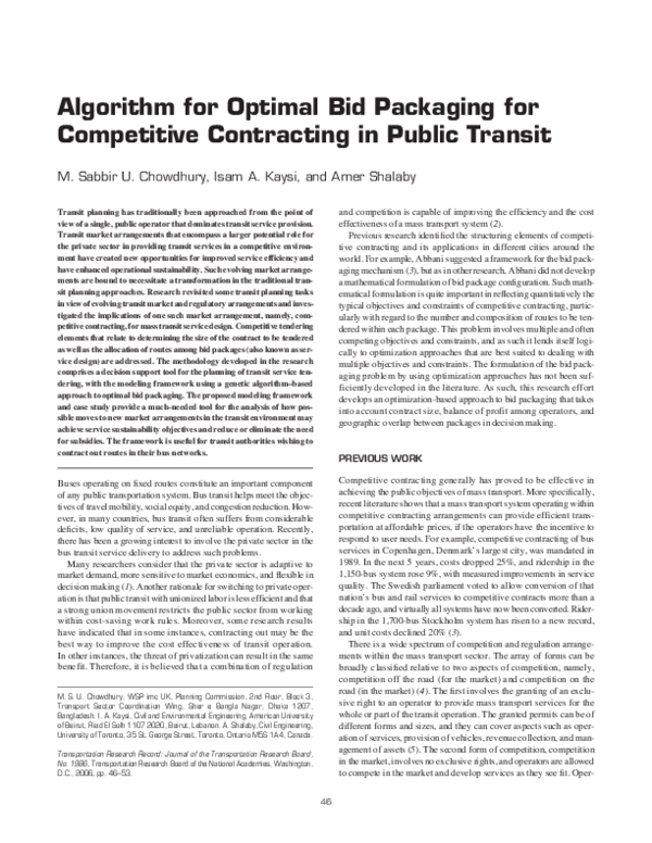 (PDF) Algorithm for Optimal Bid Packaging for Competitive Contracting in Public Transit