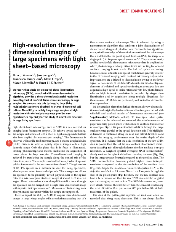 (PDF) High-resolution three-dimensional imaging of large specimens with light sheet–based microscopy
