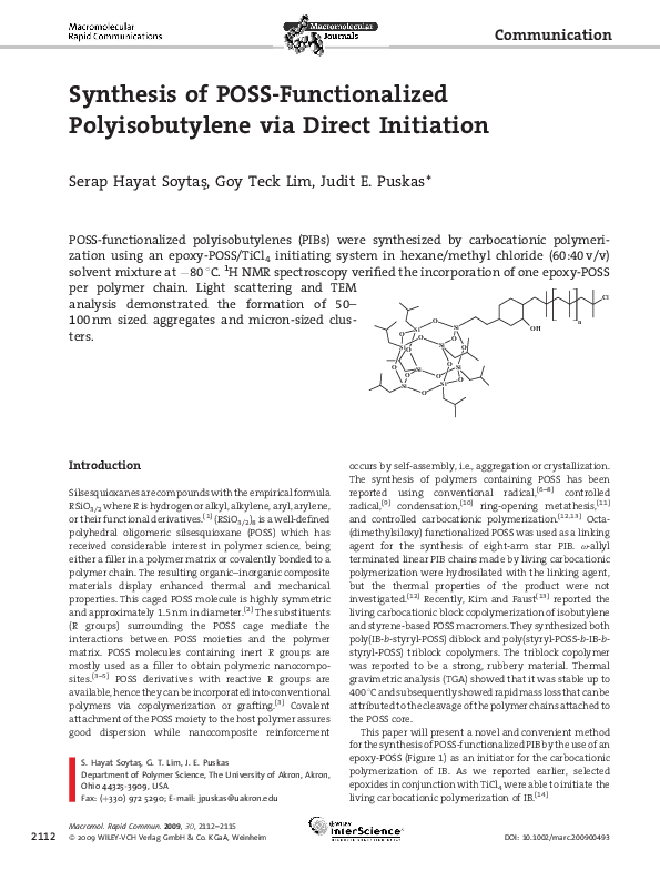 (PDF) Synthesis of POSS-Functionalized Polyisobutylene via Direct ...