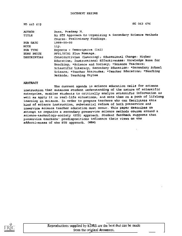 (PDF) An STS Approach to Organizing a Secondary Science Methods Course ...