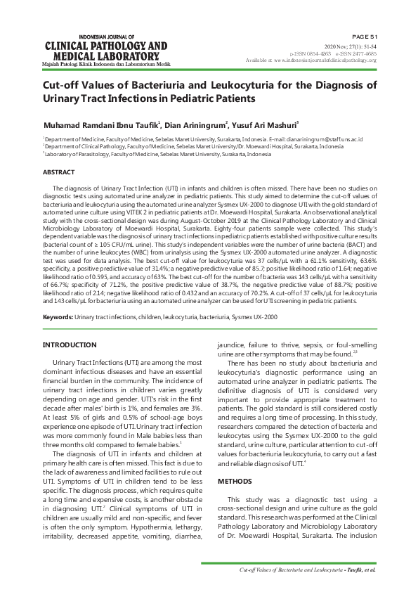 (PDF) Cut-off Values of Bacteriuria and Leukocyturia for the Diagnosis ...