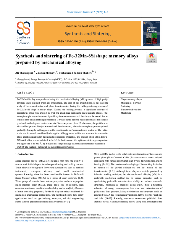 (PDF) Synthesis and sintering of Fe-32Mn-6Si shape memory alloys prepared by mechanical alloying ...