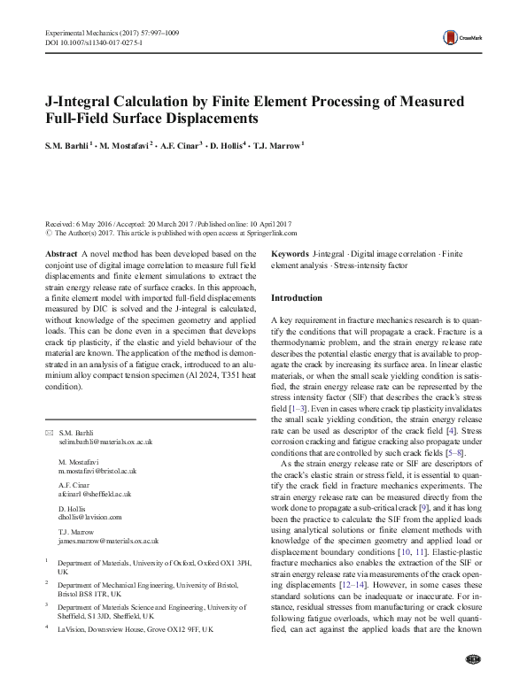 Pdf J Integral Calculation By Finite Element Processing Of Measured Full Field Surface