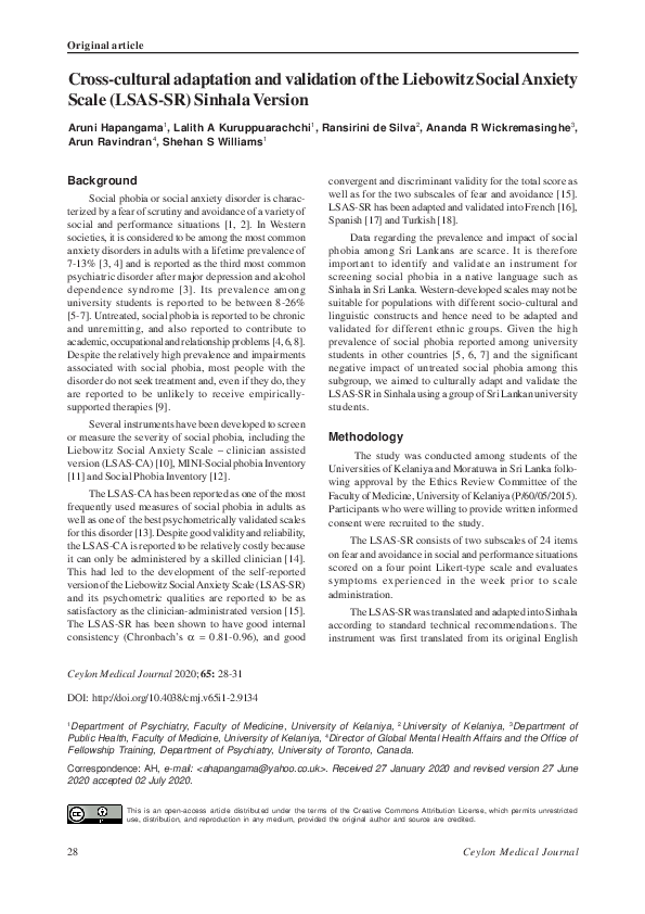 Pdf Cross Cultural Adaptation And Validation Of The Leibowitz Social Anxiety Scale Lsas Sr