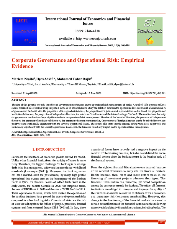 (PDF) Corporate Governance and Operational Risk: Empirical Evidence