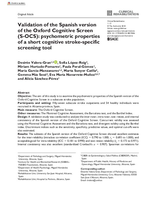 (PDF) Validation of the Spanish version of the Oxford Cognitive Screen (S-OCS): psychometric ...