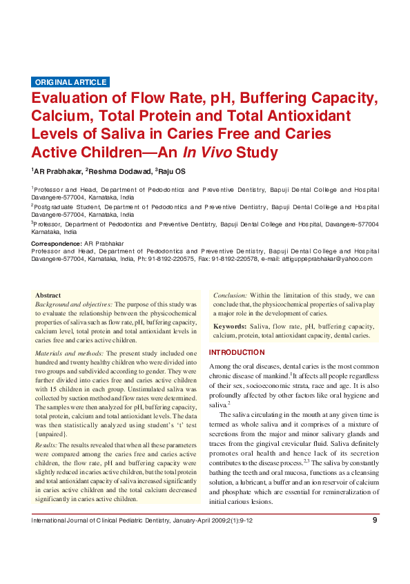 (PDF) Evaluation of Flow Rate, pH, Buffering Capacity, Calcium, Total Protein and Total ...