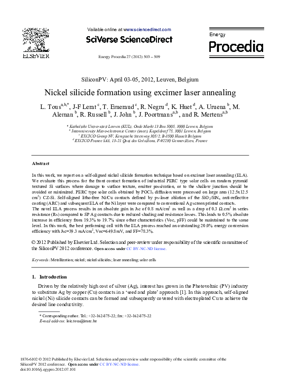 (PDF) Nickel Silicide Formation Using Excimer Laser Annealing