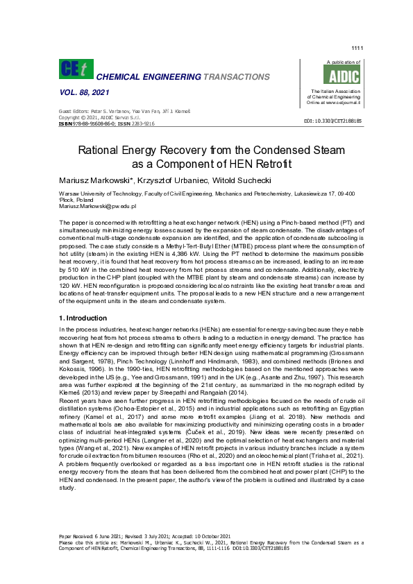 (PDF) Rational Energy Recovery from the Condensed Steam as a Component ...