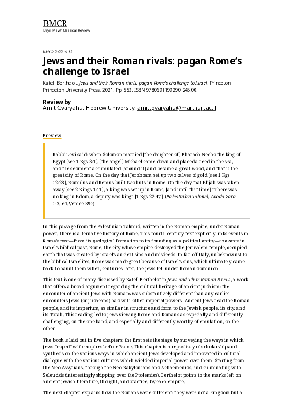 (PDF) Jews and their Roman rivals: pagan Rome's challenge to Israel