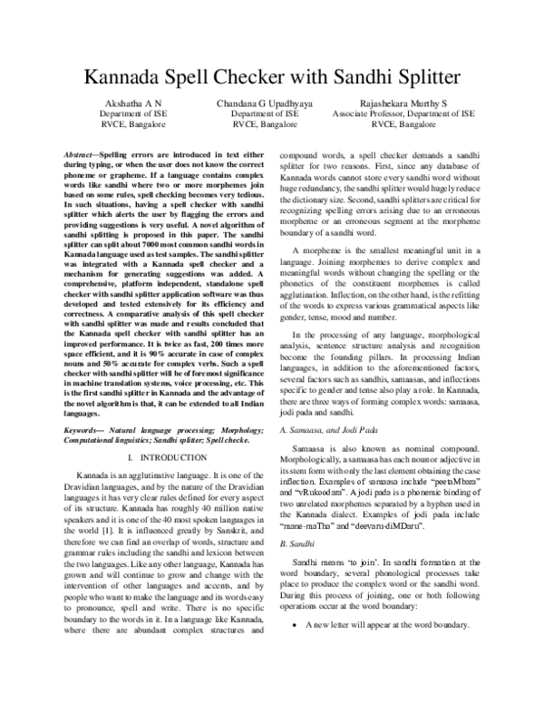 (PDF) Kannada spell checker with sandhi splitter