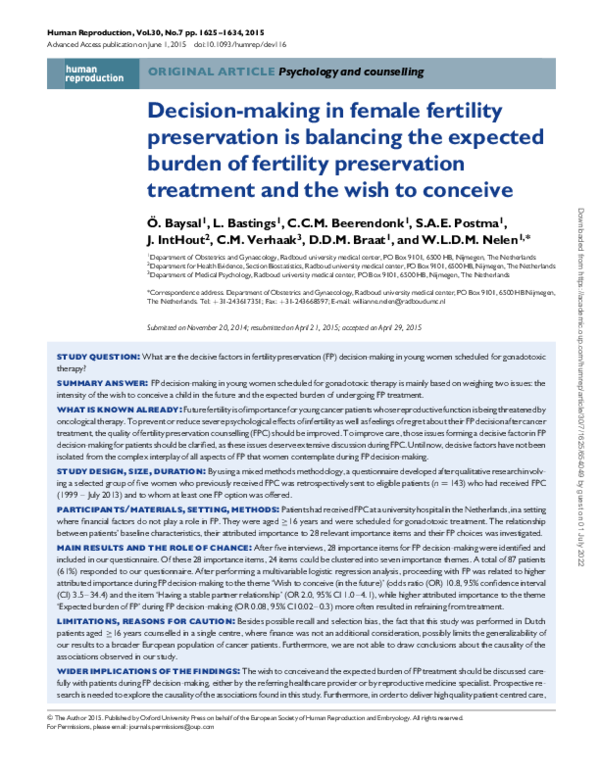 (PDF) Decision-making in female fertility preservation is balancing the ...