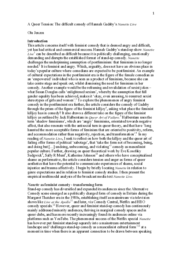 (PDF) A Queer Tension: The Difficult Comedy of Hannah Gadsby’s Nanette ...