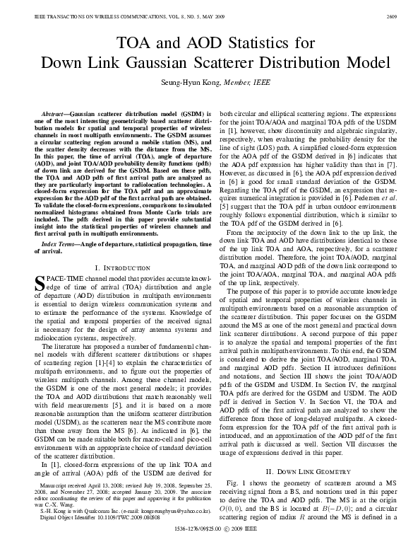 (PDF) TOA and AOD statistics for down link Gaussian scatterer ...