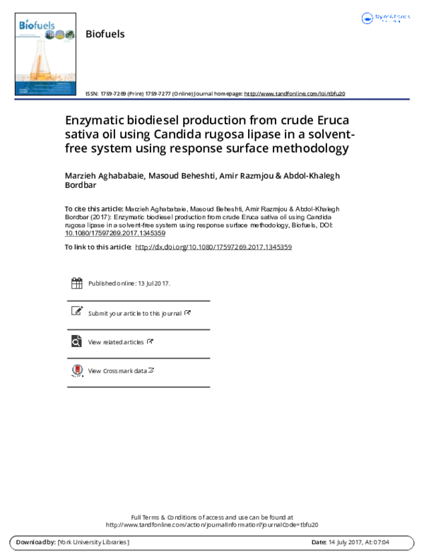 (PDF) Enzymatic biodiesel production from crude Eruca sativa oil using ...