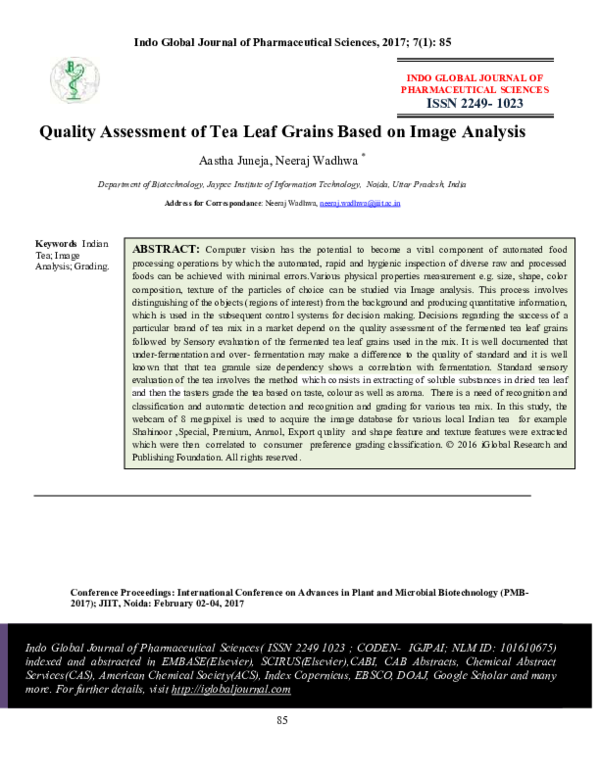 (PDF) Quality Assessment of Tea Leaf Grains Based on Image Analysis ...