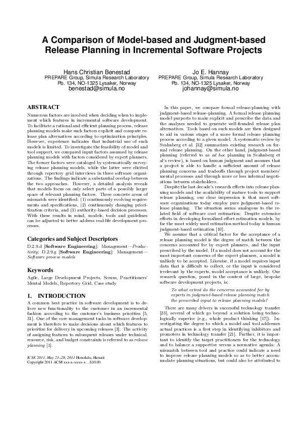 (PDF) A comparison of model-based and judgment-based release planning in incremental software ...