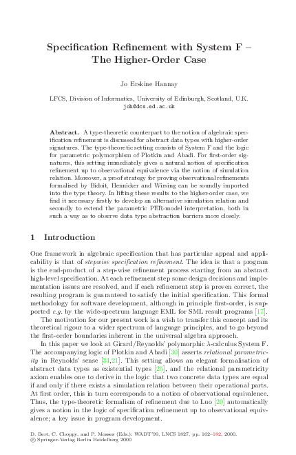 (PDF) Specification Refinement with System F – The Higher-Order Case