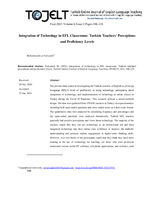 (PDF) Integration of Technology in EFL Classrooms: Turkish Teachers' Perceptions and Proficiency ...