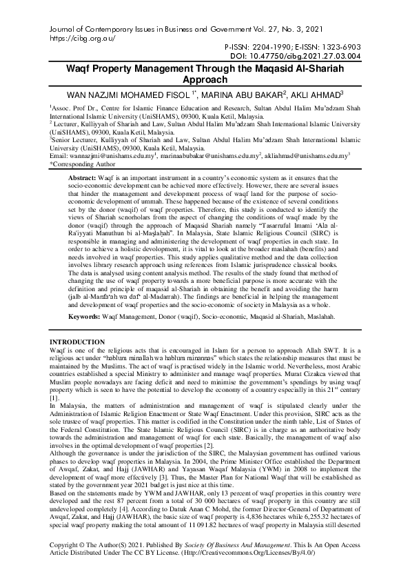 (PDF) Waqf Property Management Through the Maqasid Al-Shariah Approach