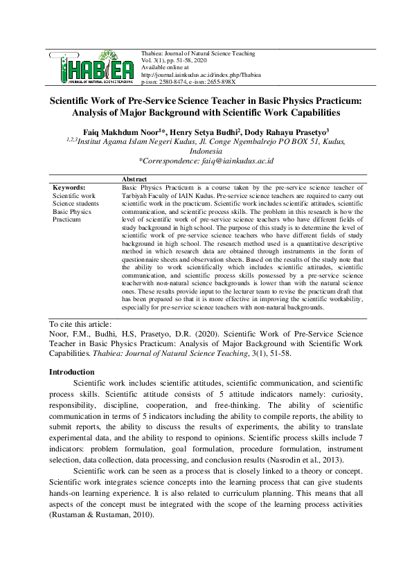 (PDF) Scientific Work of Pre-Service Science Teacher in Basic Physics Practicum: Analysis of ...