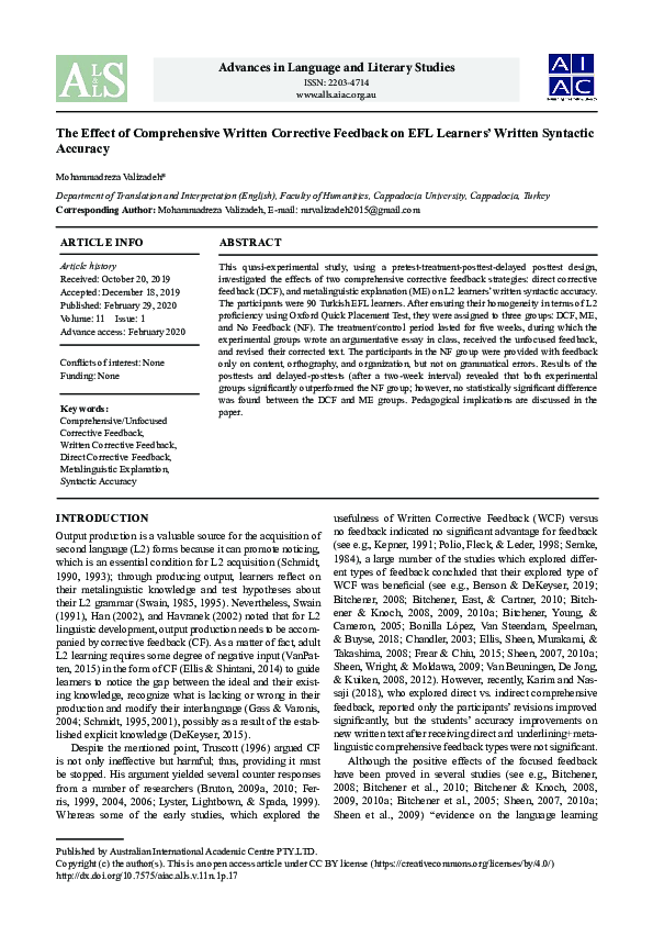 (PDF) The Effect of Comprehensive Written Corrective Feedback on EFL Learners' Written Syntactic ...