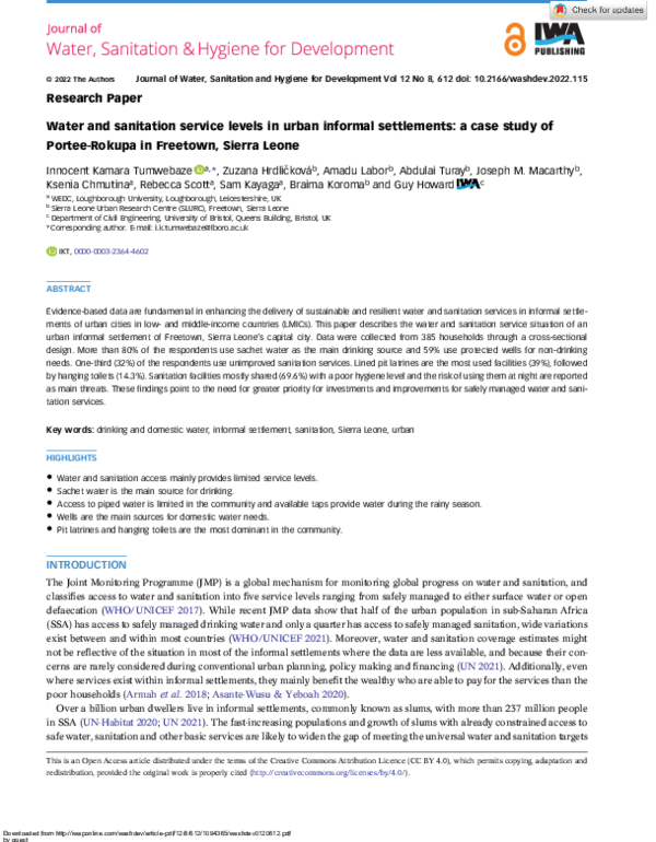 (PDF) Water and sanitation service levels in urban informal settlements ...