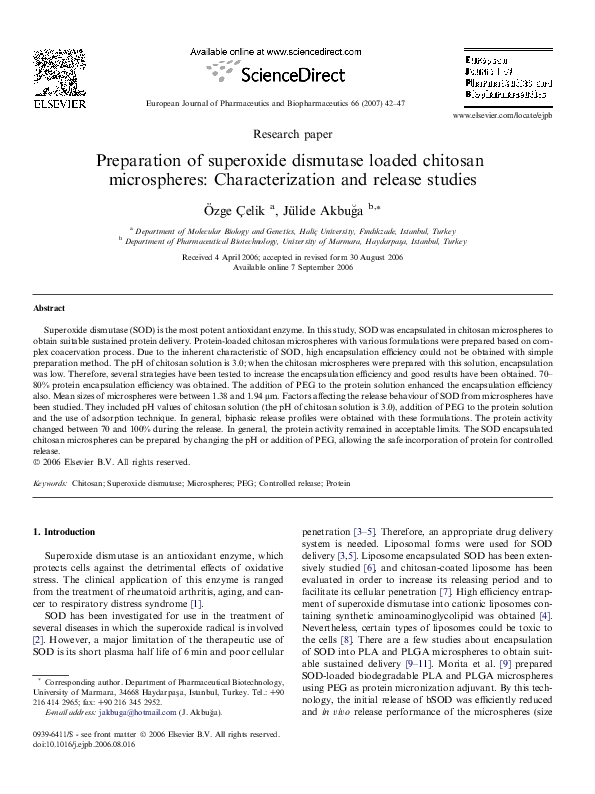 (PDF) Preparation of superoxide dismutase loaded chitosan microspheres: Characterization and ...