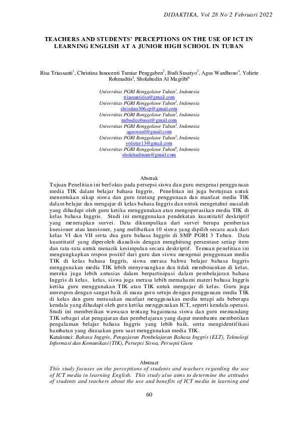 (PDF) Teachers and Students’ Perceptions on the Use of Ict in Learning English at a Junior High ...
