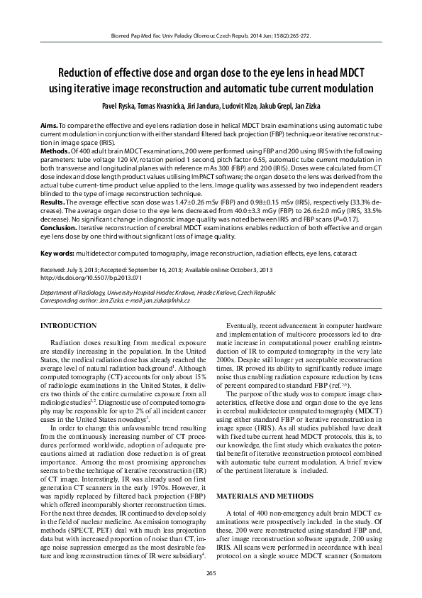 Pdf Reduction Of Effective Dose And Organ Dose To The Eye Lens In Head Mdct Using Iterative
