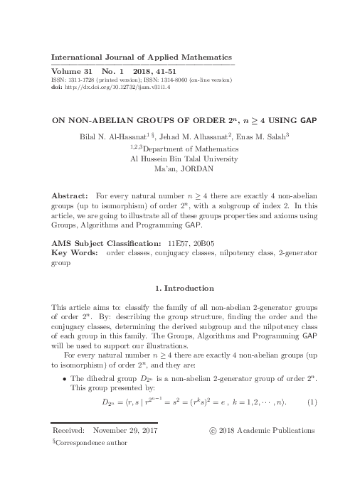 (PDF) ON NON-ABELIAN GROUPS OF ORDER 2^n, n >= 4 USING GAP