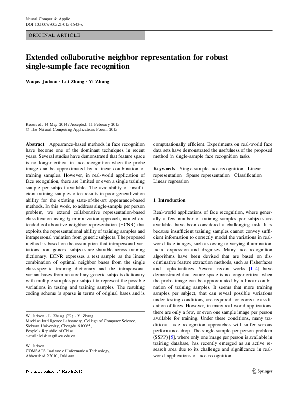 (PDF) Extended collaborative neighbor representation for robust single-sample face recognition
