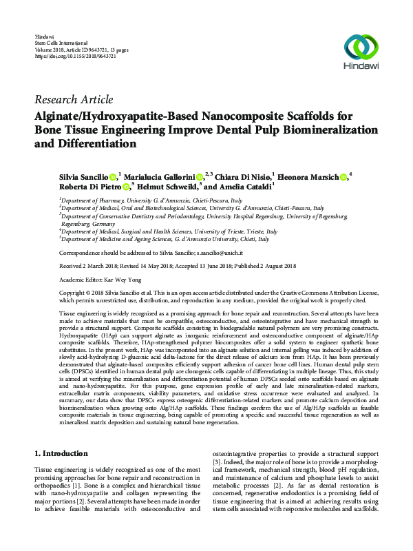 (PDF) Alginate/Hydroxyapatite-Based Nanocomposite Scaffolds for Bone Tissue Engineering Improve ...