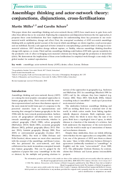 (PDF) Assemblage thinking and actor‐network theory: conjunctions, disjunctions, cross‐fertilisations