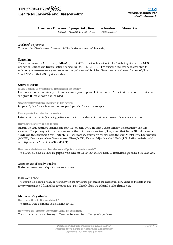 (PDF) A Review of the Use of Propentofylline in the treatment of Dementia