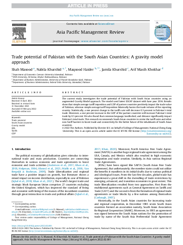 (PDF) Trade potential of Pakistan with the South Asian Countries: A ...