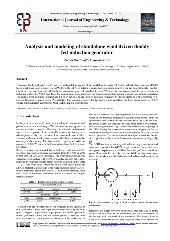 Pdf Analysis And Modeling Of Standalone Wind Driven Doubly Fed Induction Generator