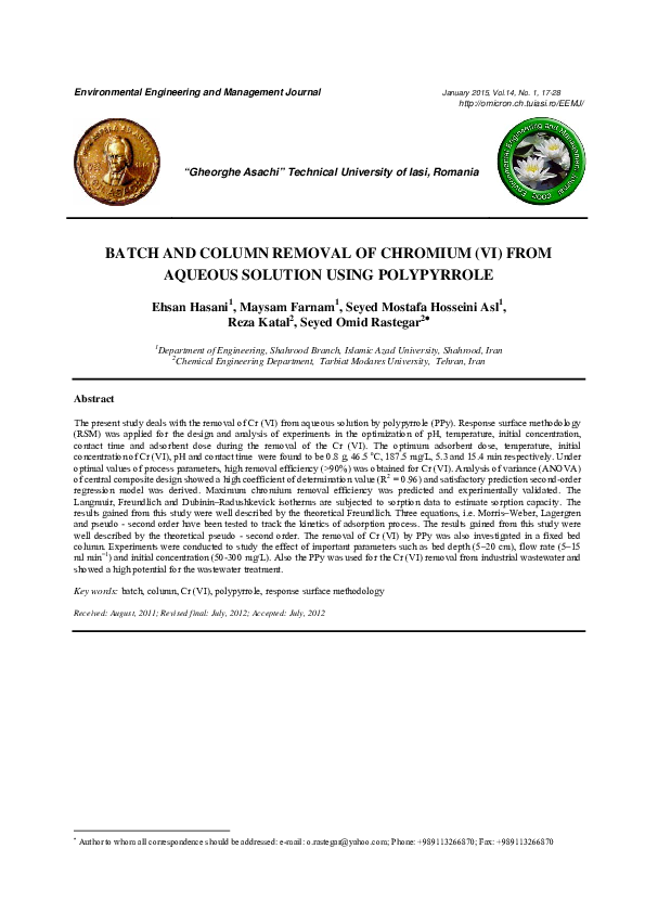 (PDF) Batch and Column Removal of Chromium (VI) from Aqueous Solution ...