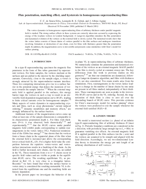 (PDF) Flux penetration, matching effect, and hysteresis in homogeneous superconducting films