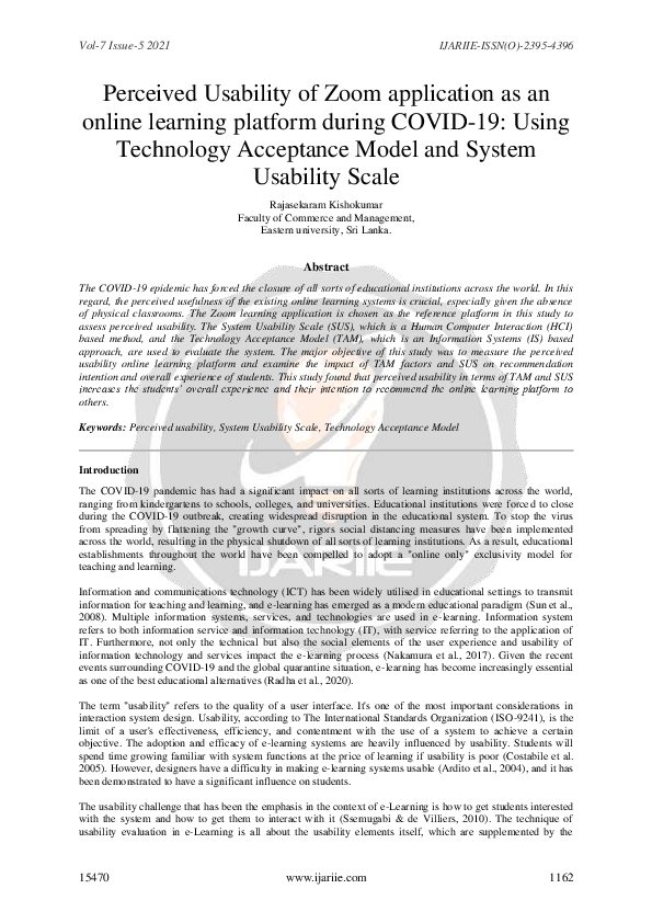 (PDF) Perceived Usability of Zoom application as an online learning platform during COVID-19 ...