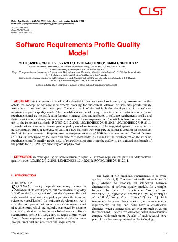 (PDF) Software Requirements Profile Quality Model