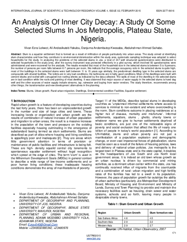 (PDF) An Analysis Of Inner City Decay A Study Of Some Selected Slums In ...